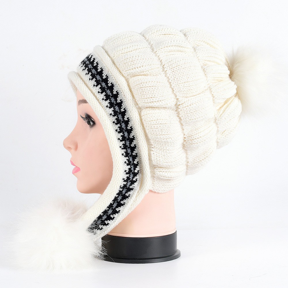 Popular white knitted lady hat with poms women fashion hat